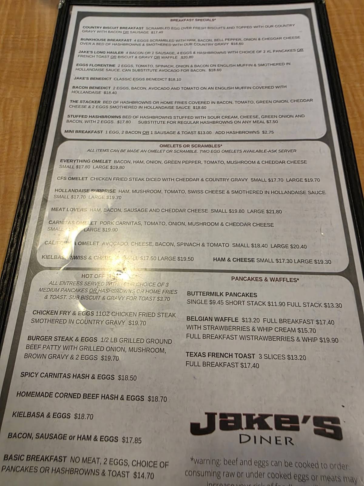 Menu at Jake's Diner restaurant, Bend