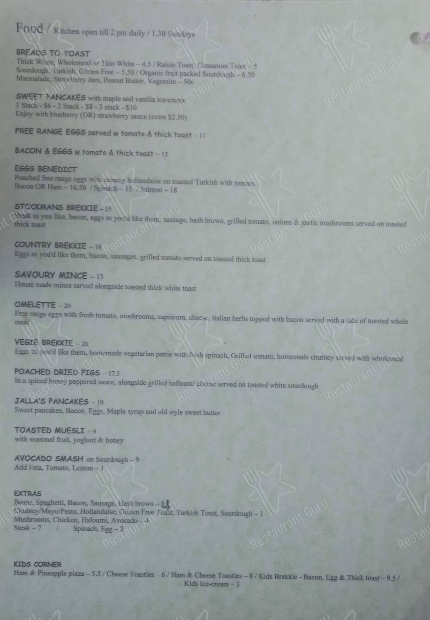 Menu at Jalla's Cafe, Woodford
