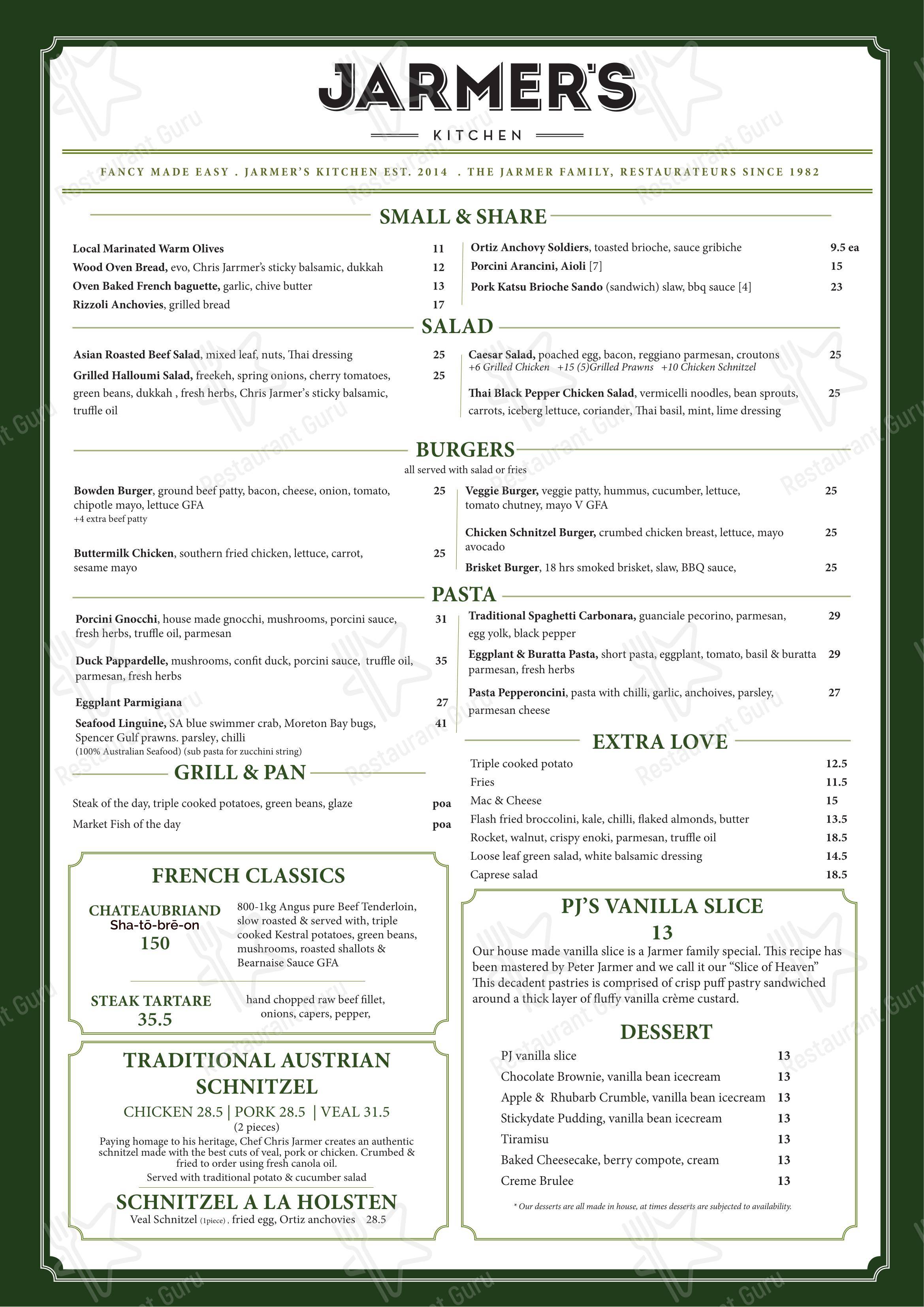 Menu at Jarmer’s Kitchen restaurant, Bowden