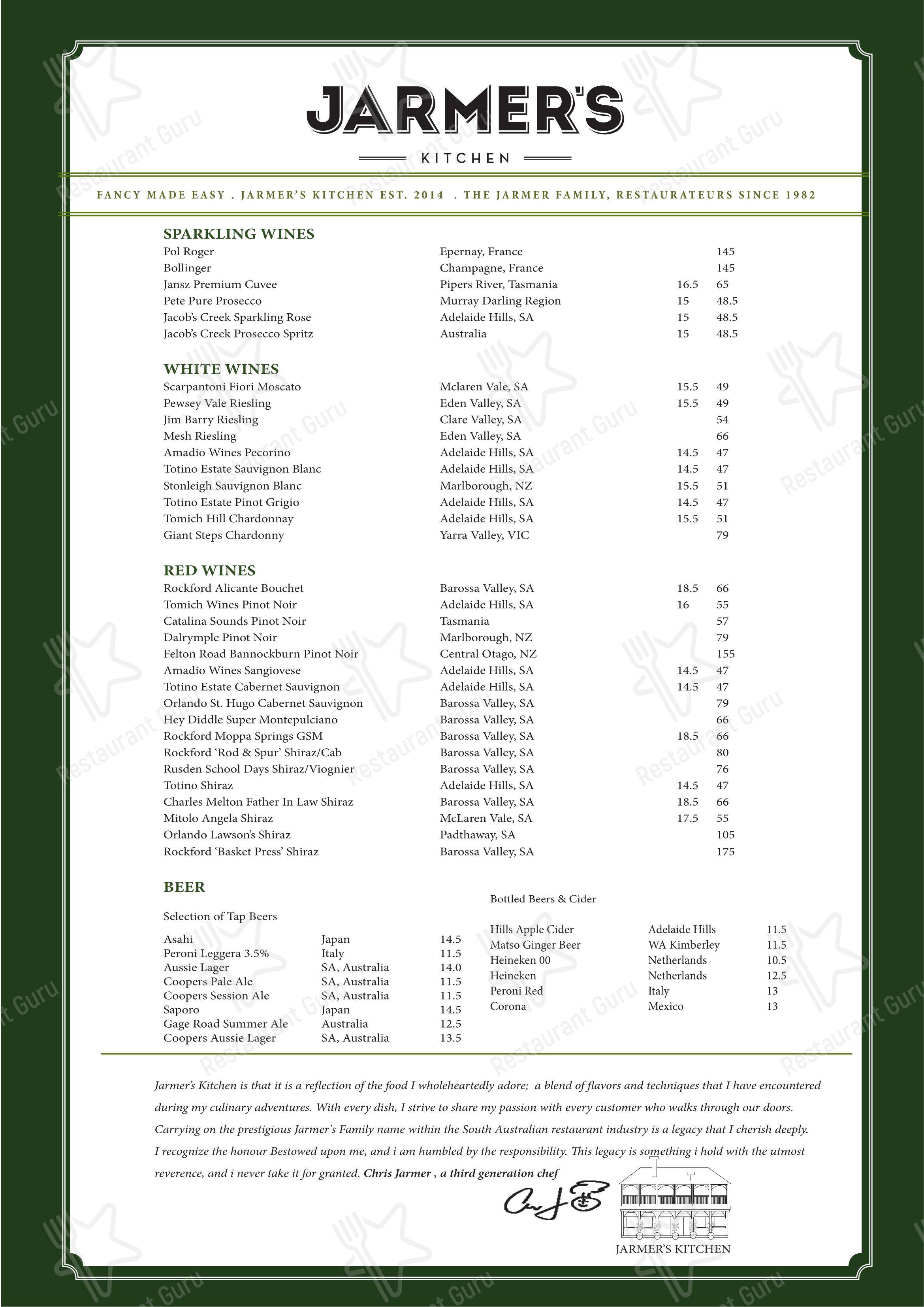 Menu at Jarmer’s Kitchen restaurant, Bowden