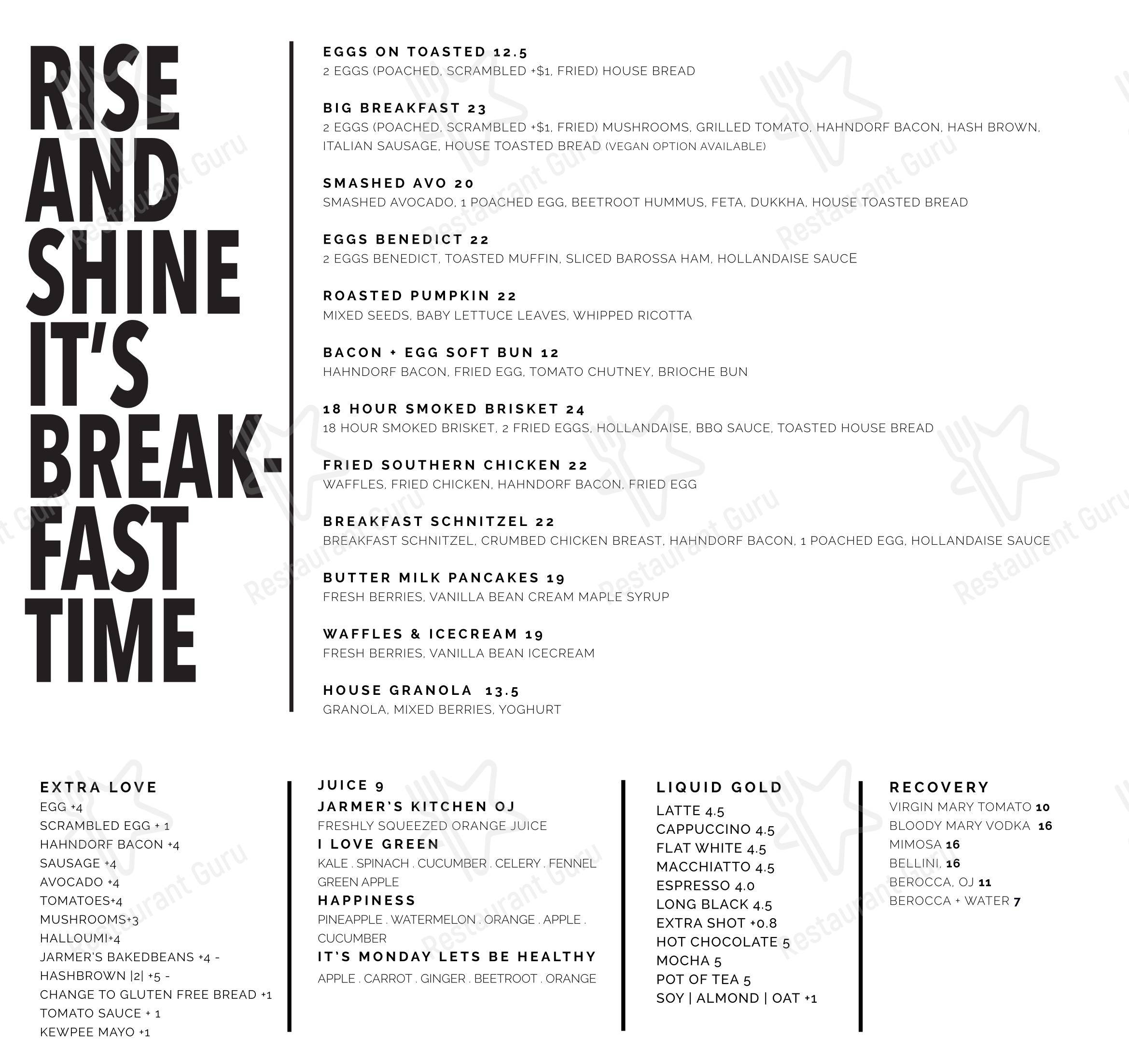 Menu at Jarmer’s Kitchen restaurant, Bowden