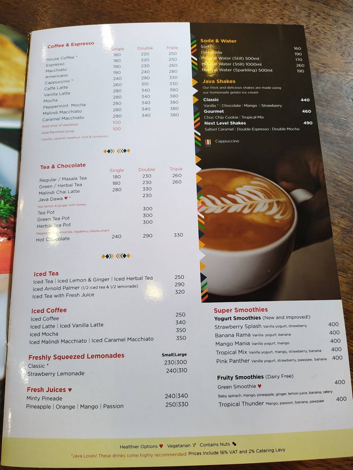 Menu at Java House Parklands cafe, Nairobi, PRR9+9FG