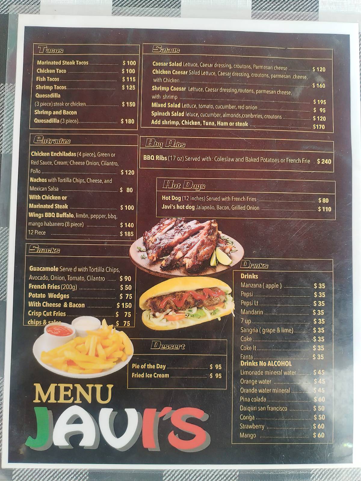 Carta del restaurante Javi’s, Bucerías