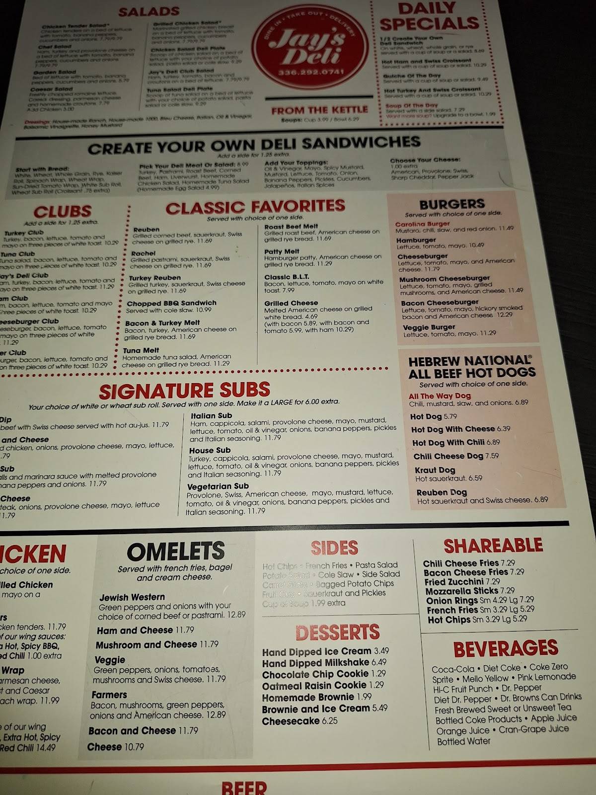 Menu at Jay's Deli restaurant, Greensboro