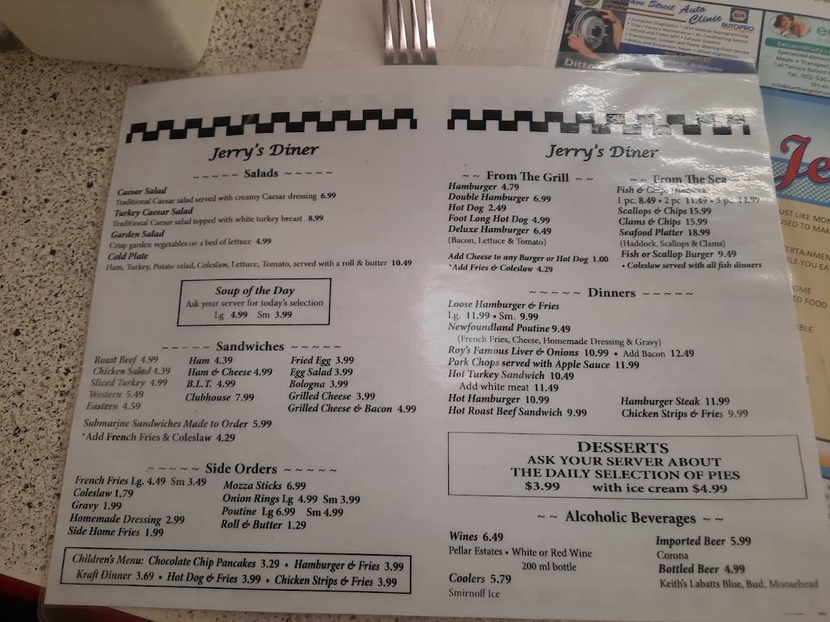 Menu at Jerry's Diner restaurant, Bridgewater