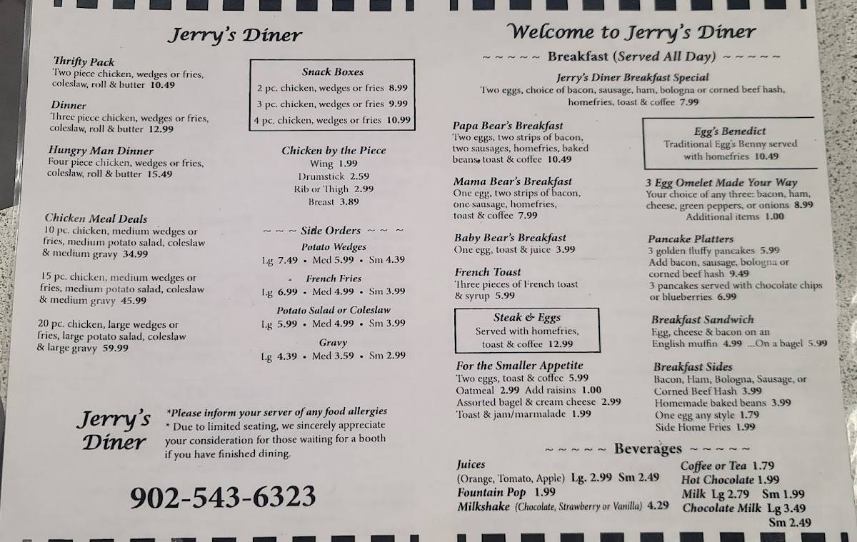 Menu at Jerry's Diner restaurant, Bridgewater