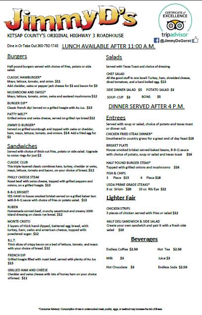 Menu at Jimmy D's Bar & Grill, Bremerton
