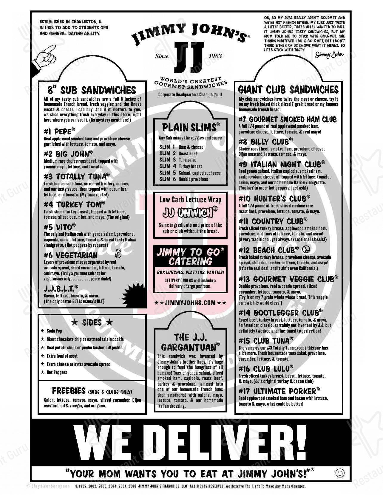 Menu at Jimmy John's fast food, Jupiter, Military Trail