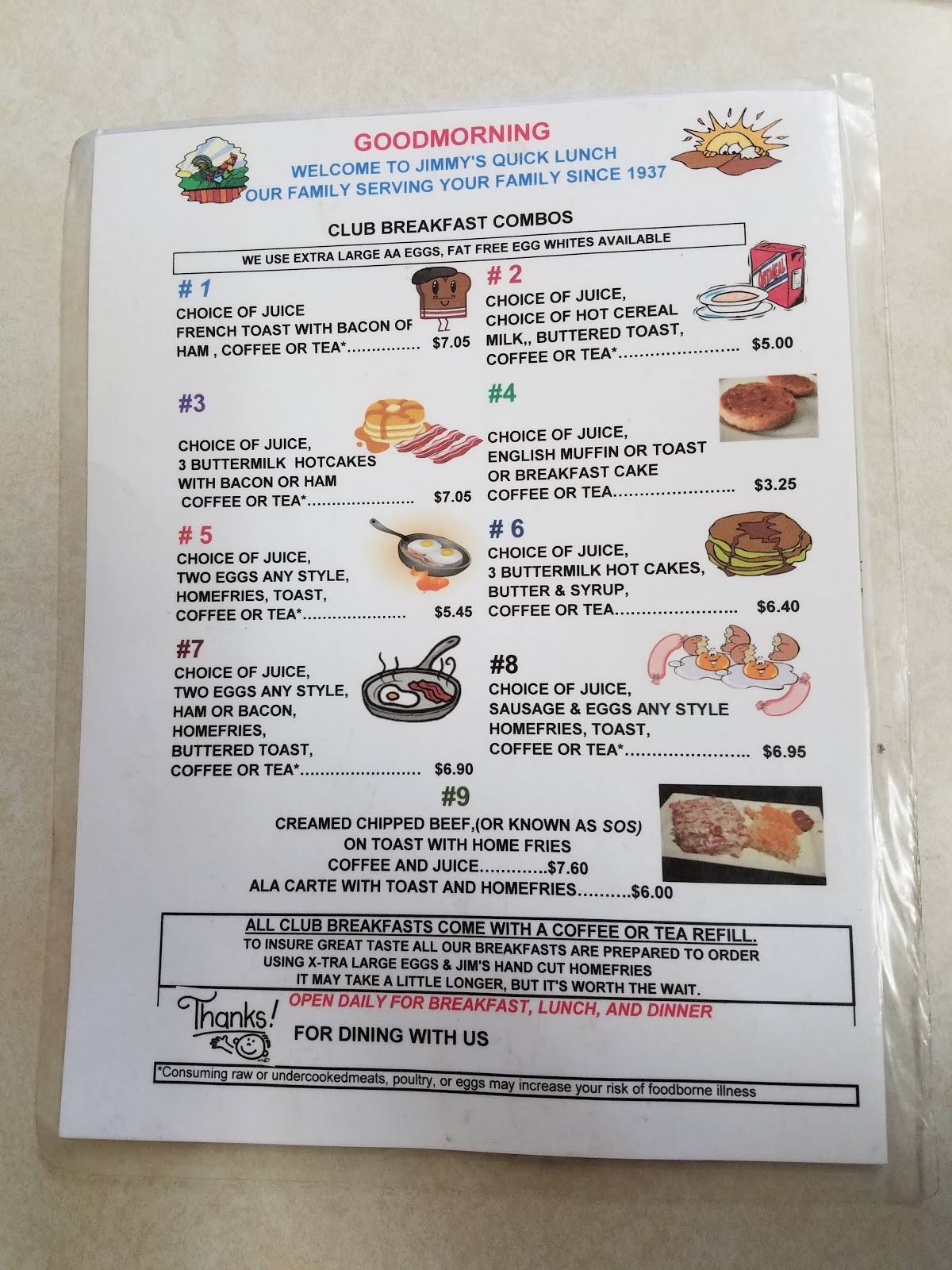 Menu at Jimmy's Quick Lunch restaurant, Hazleton