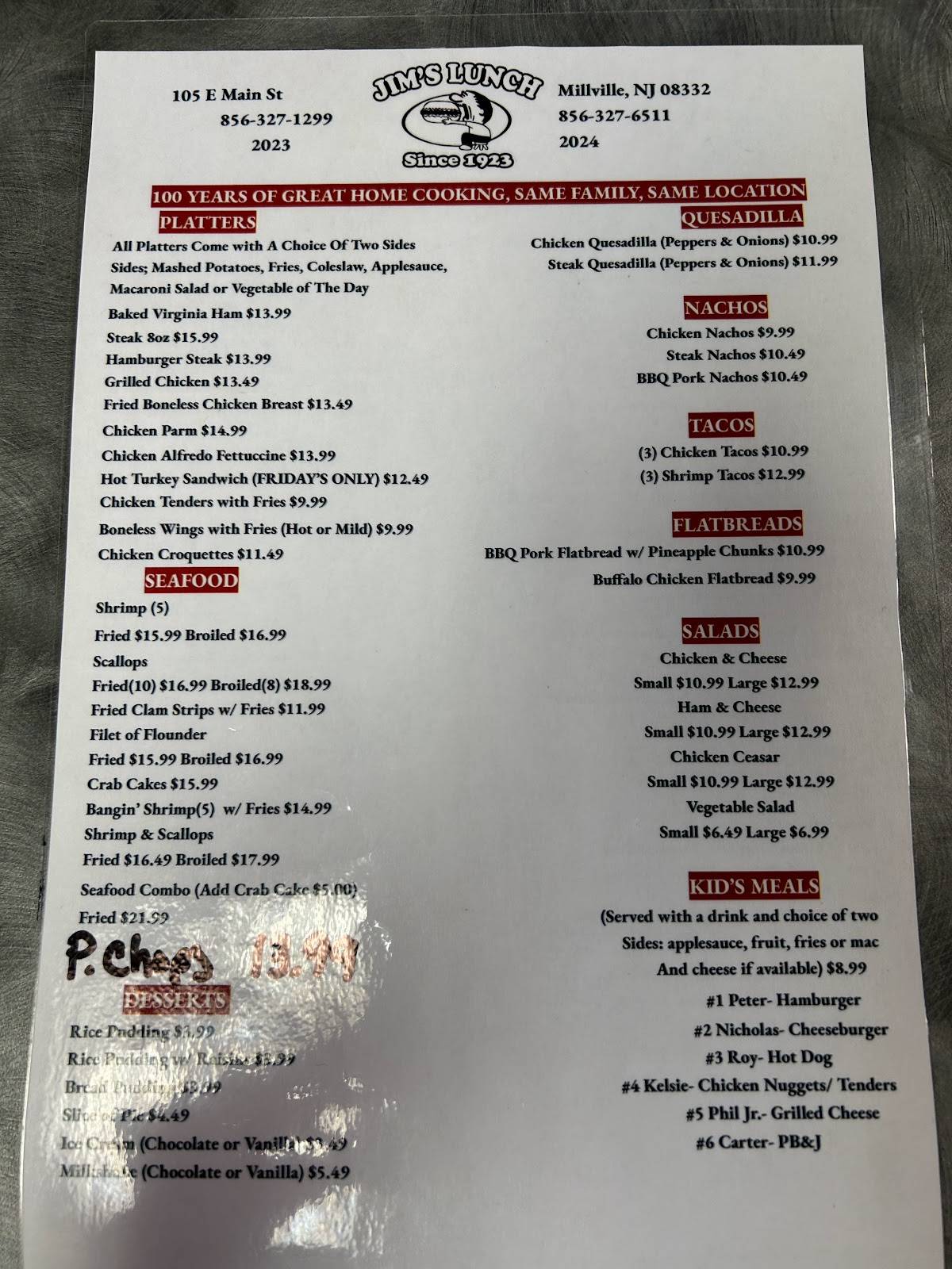 Menu at Jim's Lunch restaurant, Millville