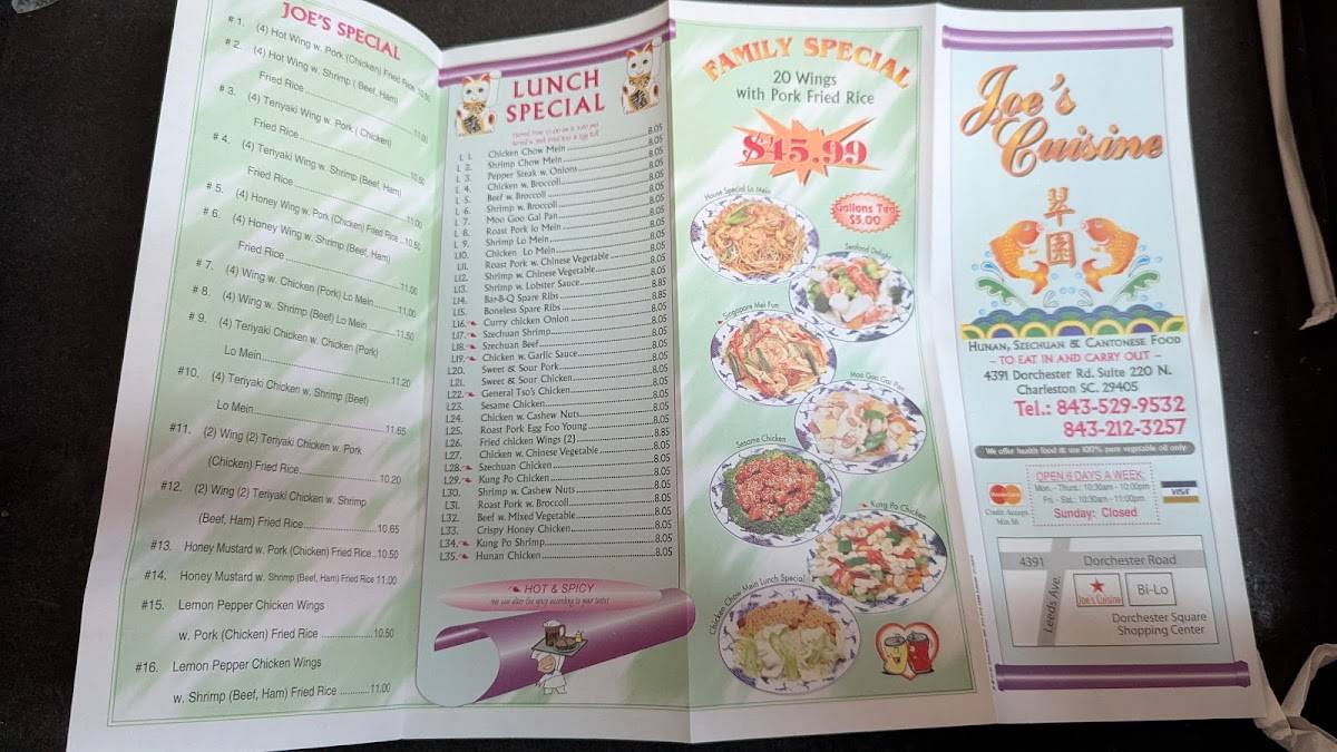 Menu at Joe's Cuisine restaurant, Charleston, Dorchester Rd # 220