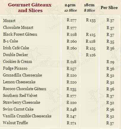 Menu at Château Gâteaux Riverside Shopping Centre desserts, Sandton ...