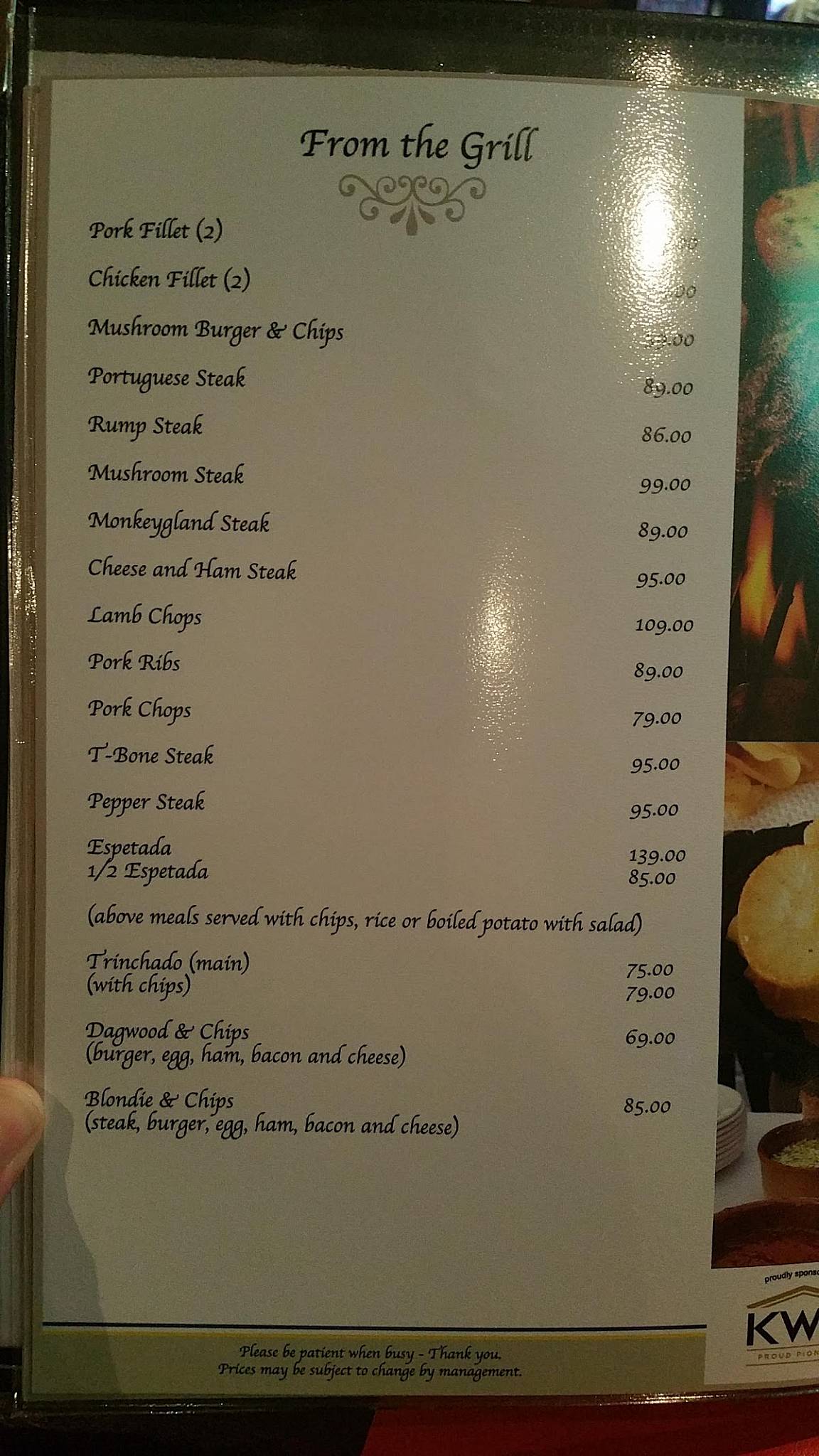 Menu at Madeira Bar, Johannesburg, 1b Short St