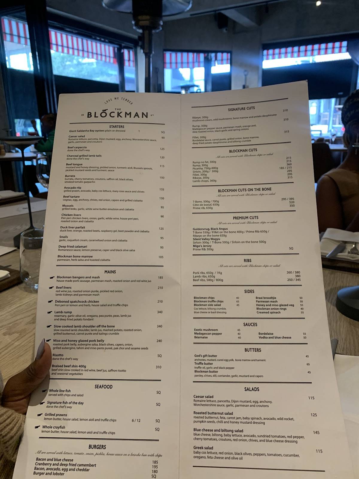 Menu at The Blockman restaurant, Randburg