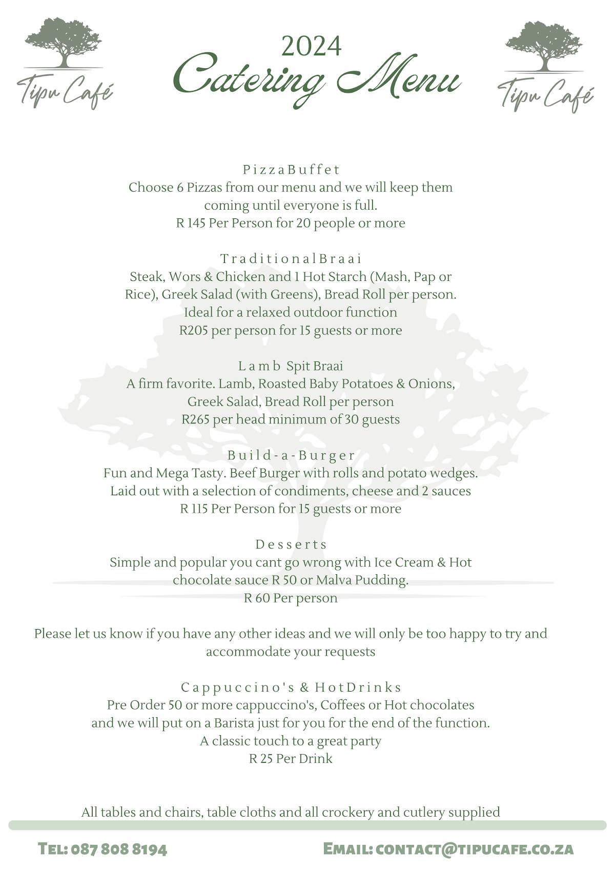 Menu at Tipu Cafe, Johannesburg