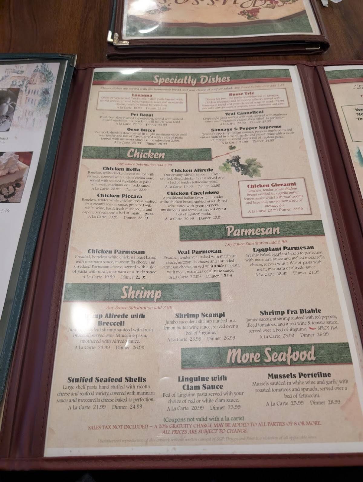 Menu at Johnny Russo's Italian Restaurant, Banning