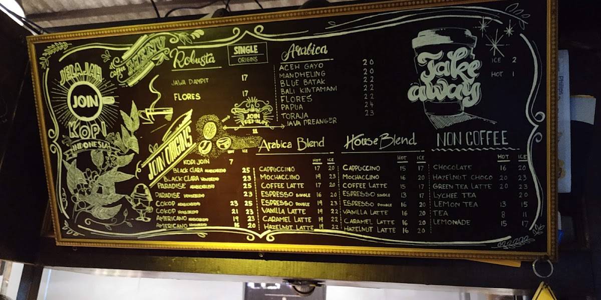 Menu at Join Kopi, South Jakarta, GOR Lapangan Bulungan