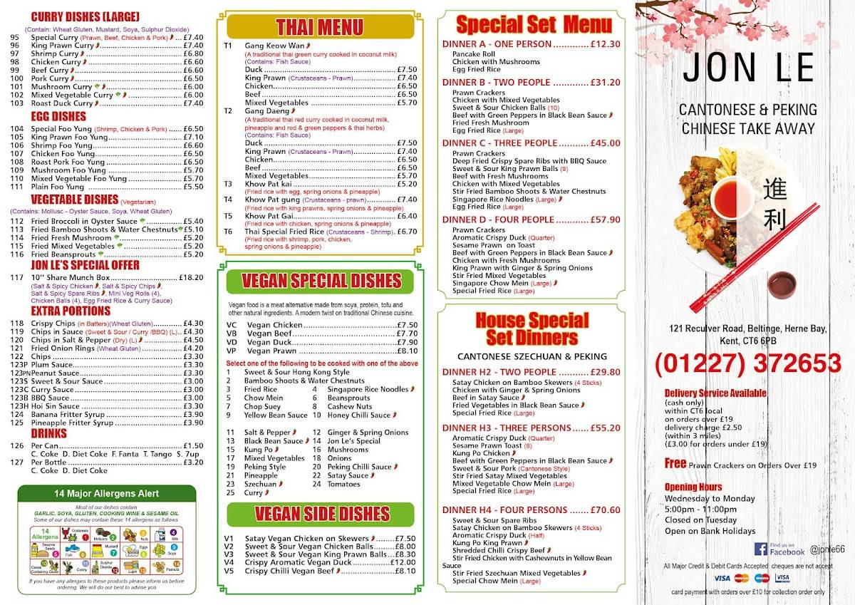 Menu at Jon Le Chinese Takeaway fast food, Herne Bay