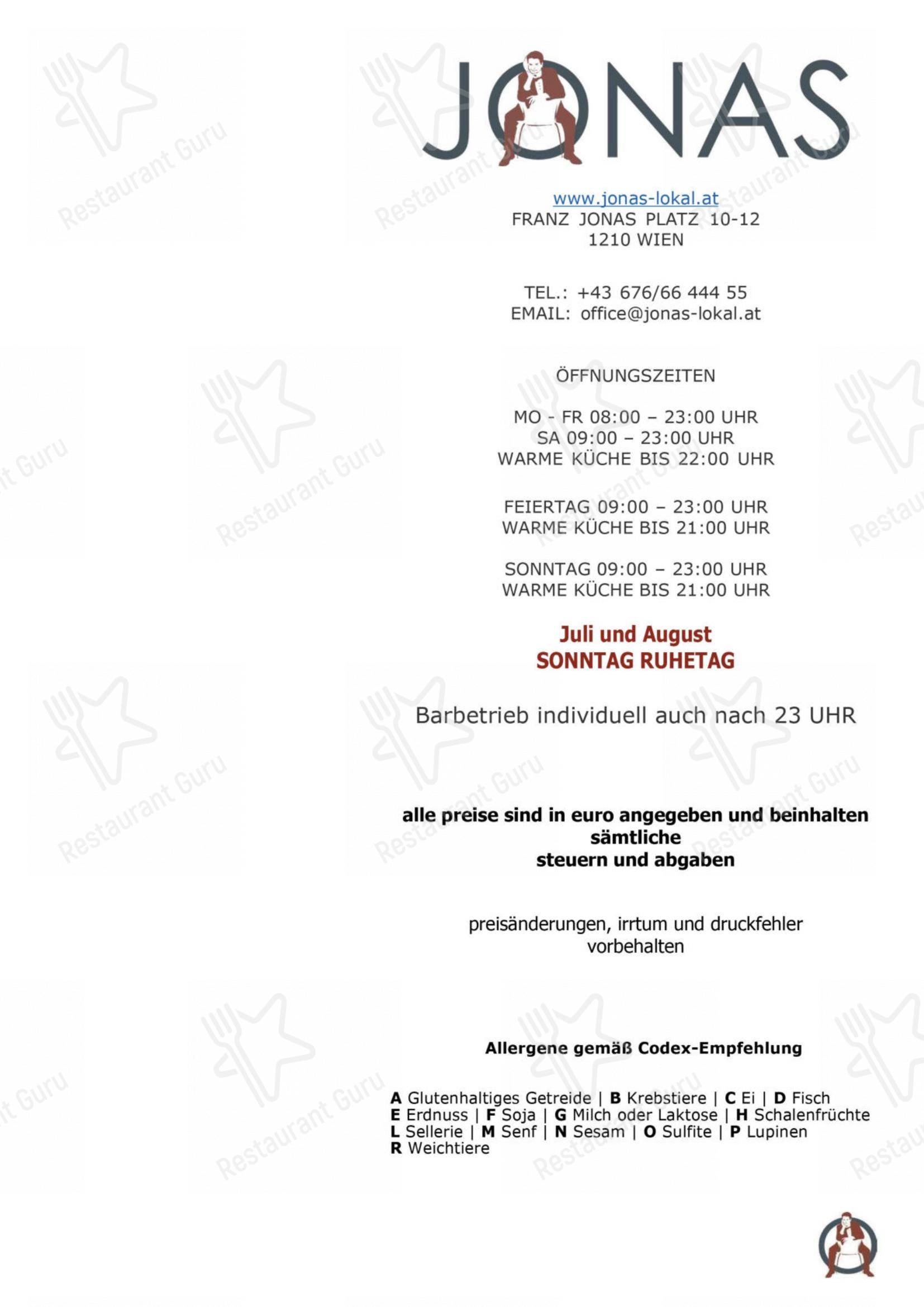 Speisekarte von Restaurant-BarJonas, Wien, Franz-Jonas-Platz 11