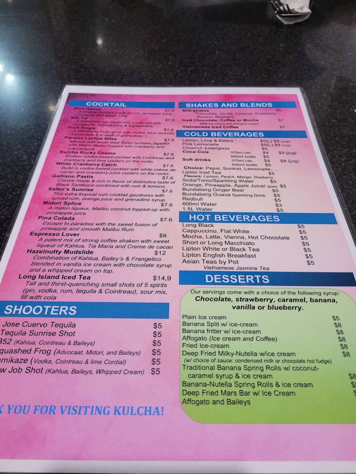 Menu at Kulcha restaurant, Joondalup