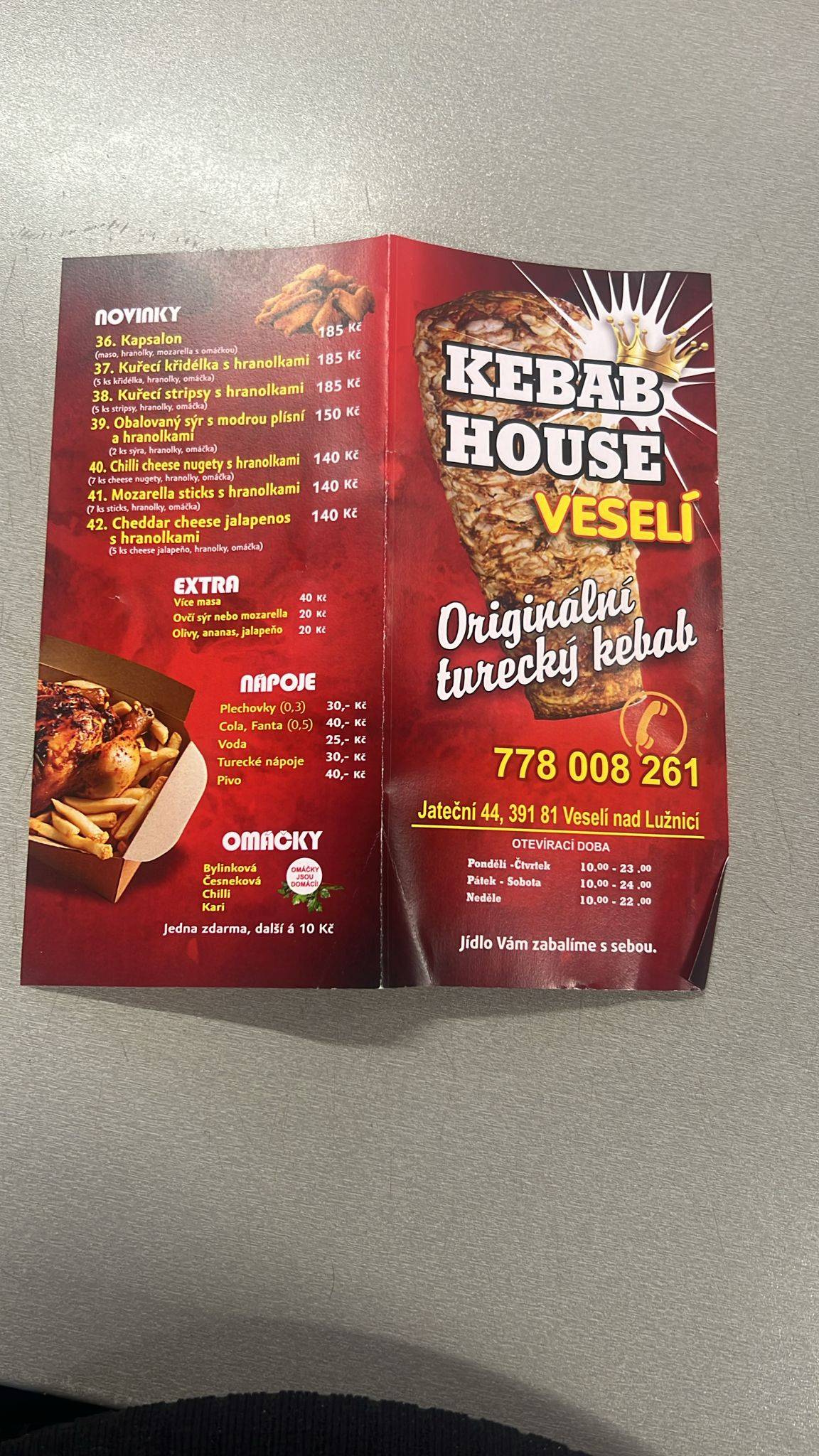 Menu at Jordan kebab restaurant, Veselí nad Lužnicí