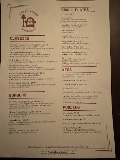 Menu at Joseph Pearce pub & bar, Edinburgh