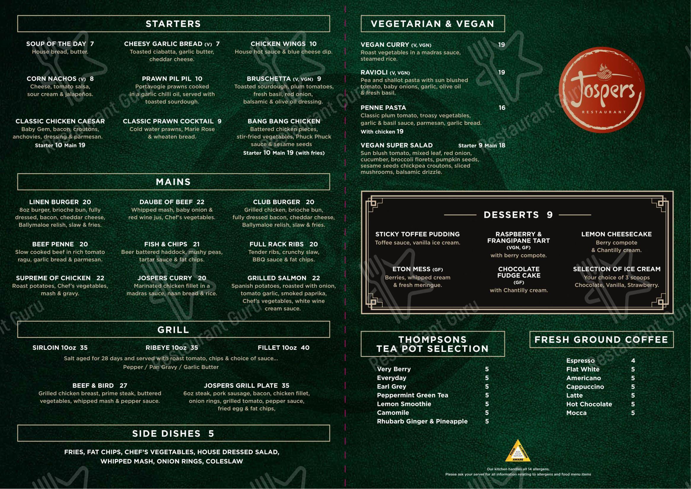 Menu at Jospers Steakhouse @ Ten Square, Belfast