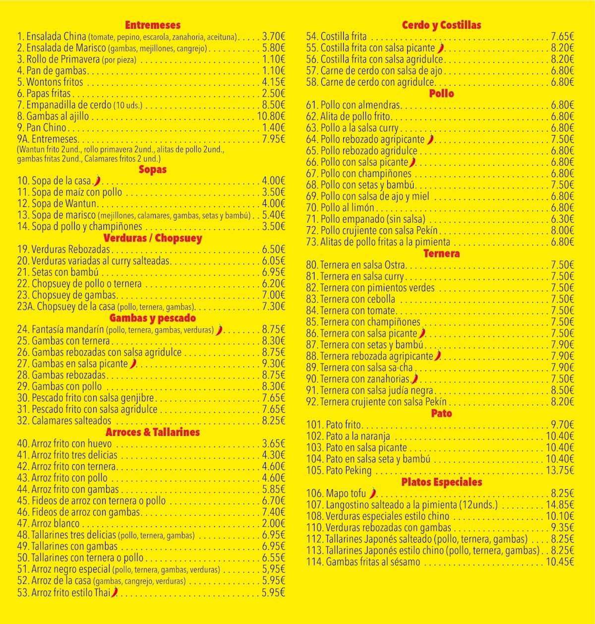 Carta de Buffet Jufu Restaurant, Arrecife