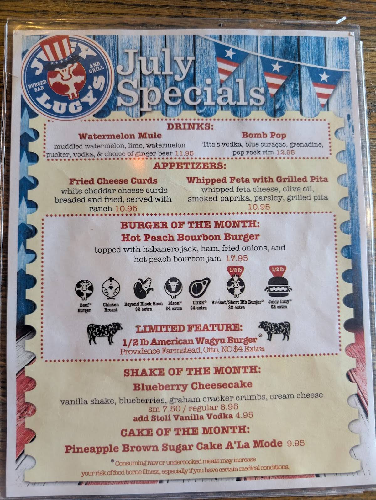 Menu at Juicy Lucy's Burger Bar and Grill, Asheville