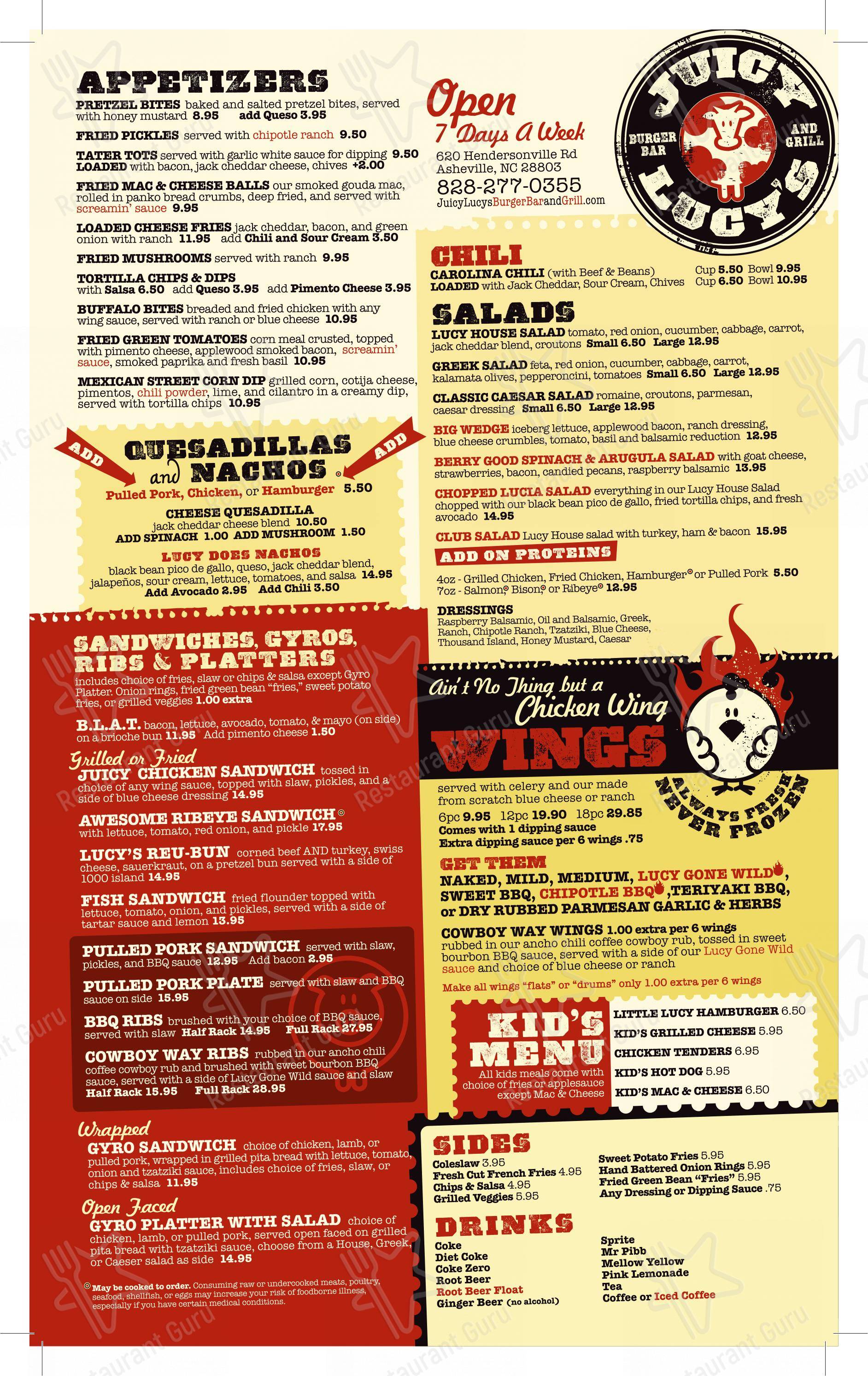 Menu at Juicy Lucy's Burger Bar and Grill, Asheville