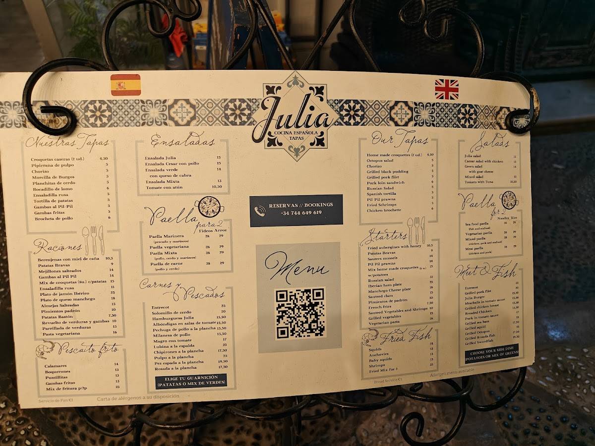 Carta de Julia Restaurante, Málaga