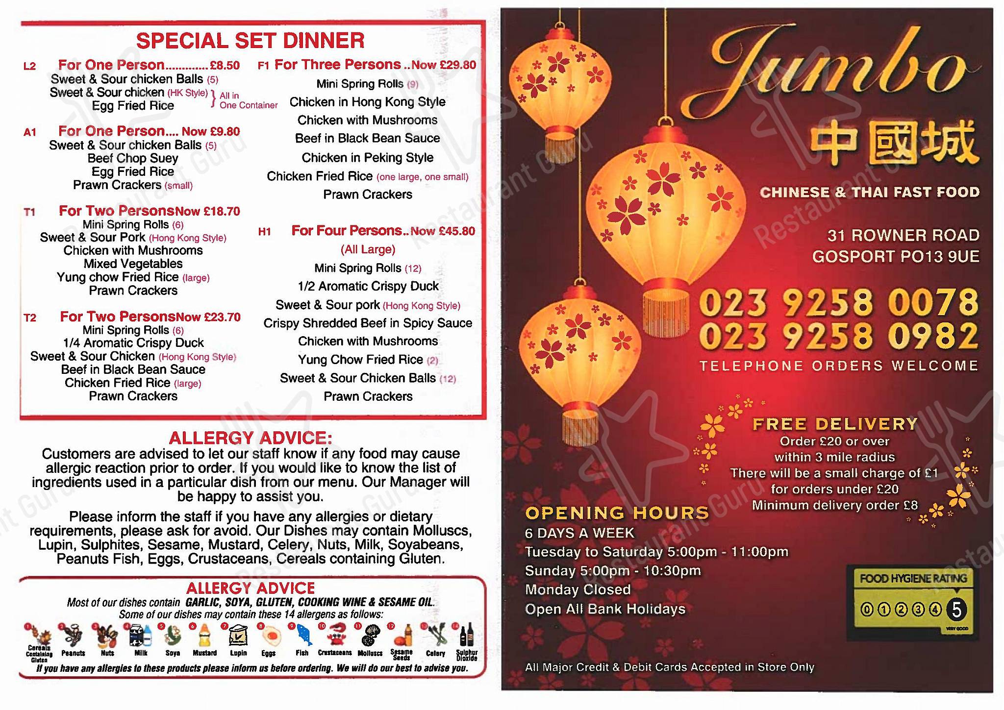 Menu at The Jumbo fast food, Gosport