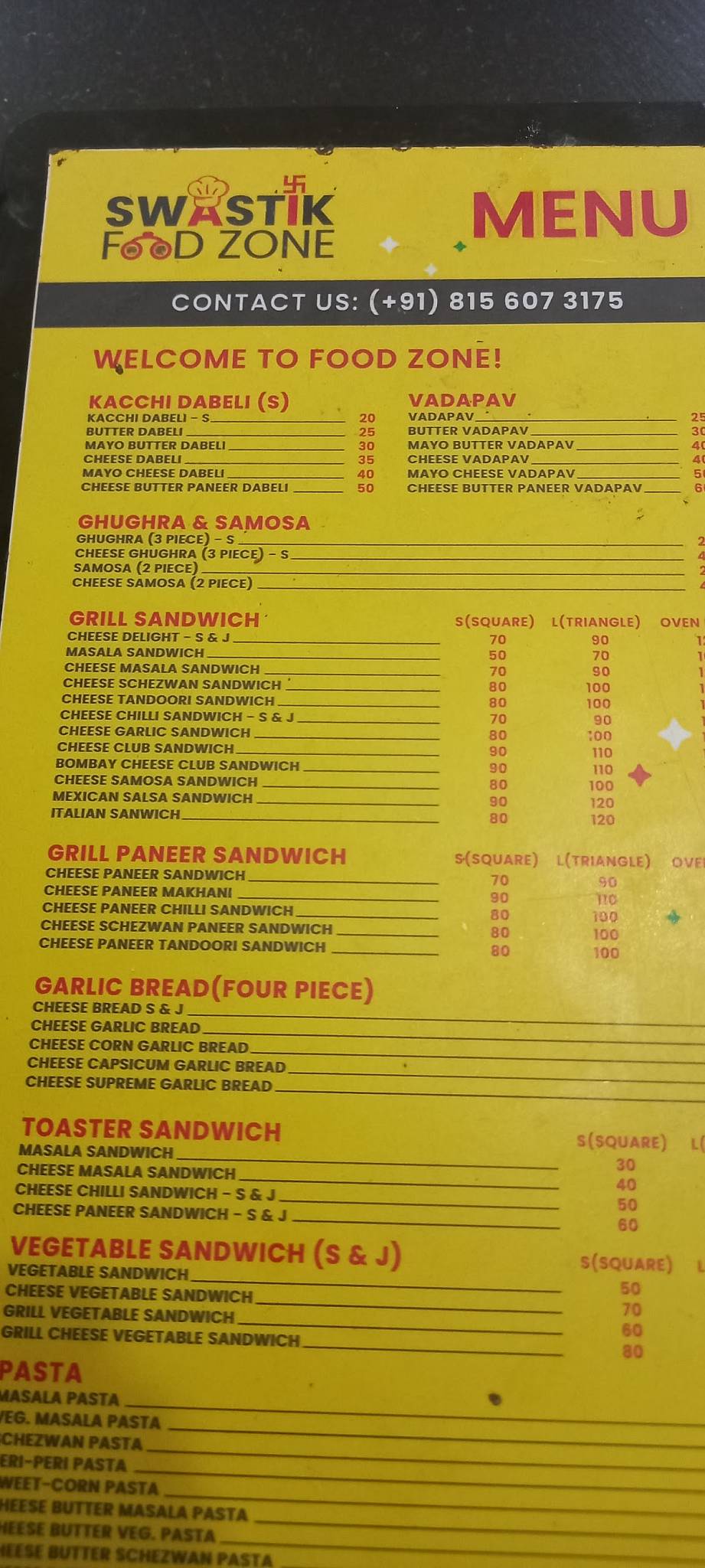 Menu at Swastik Food Zone, Junagadh