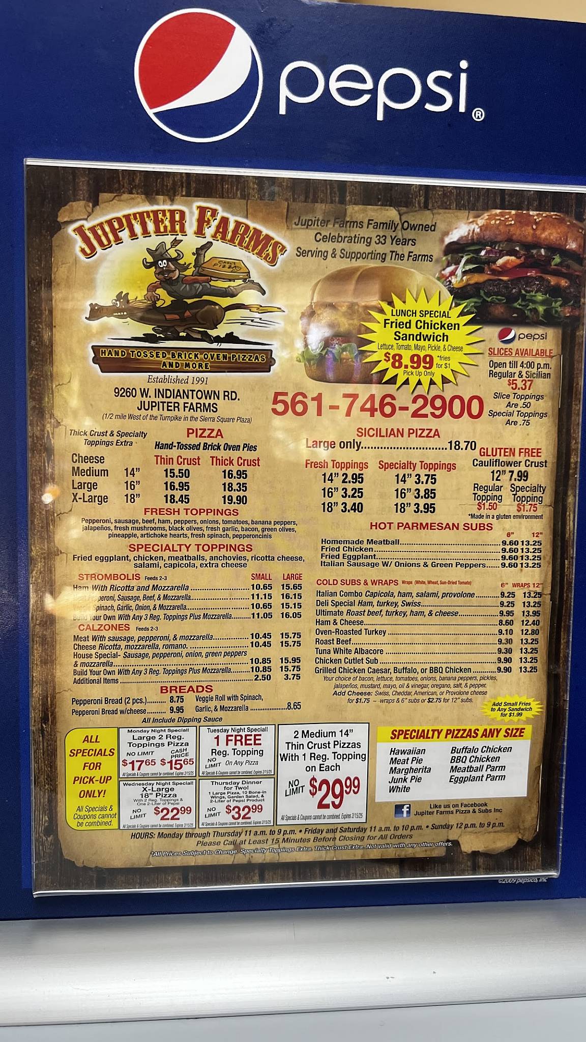Menu at Jupiter Farms Pizza & Subs pizzeria, Jupiter