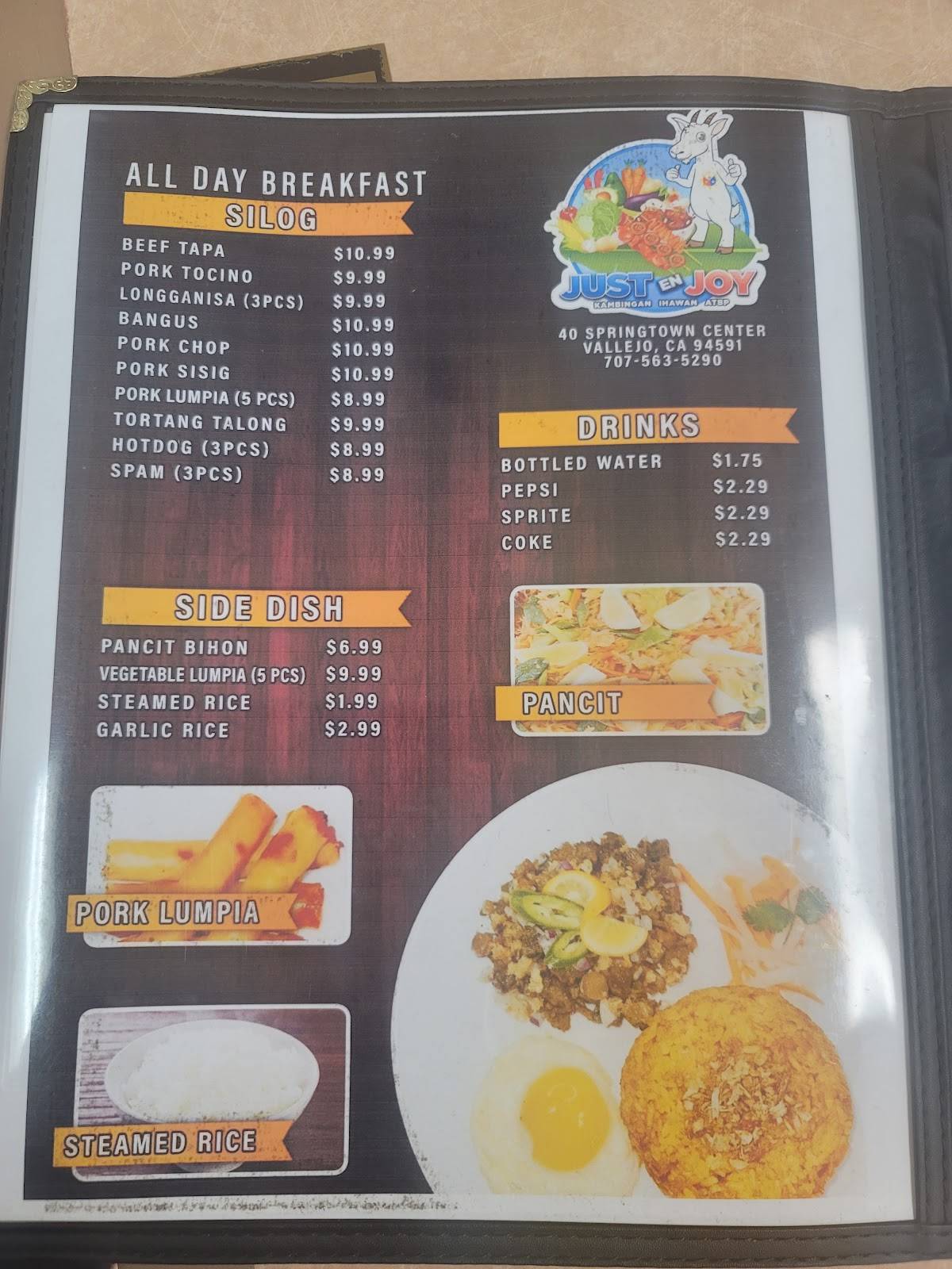 Menu at Just en joy restaurant, Vallejo