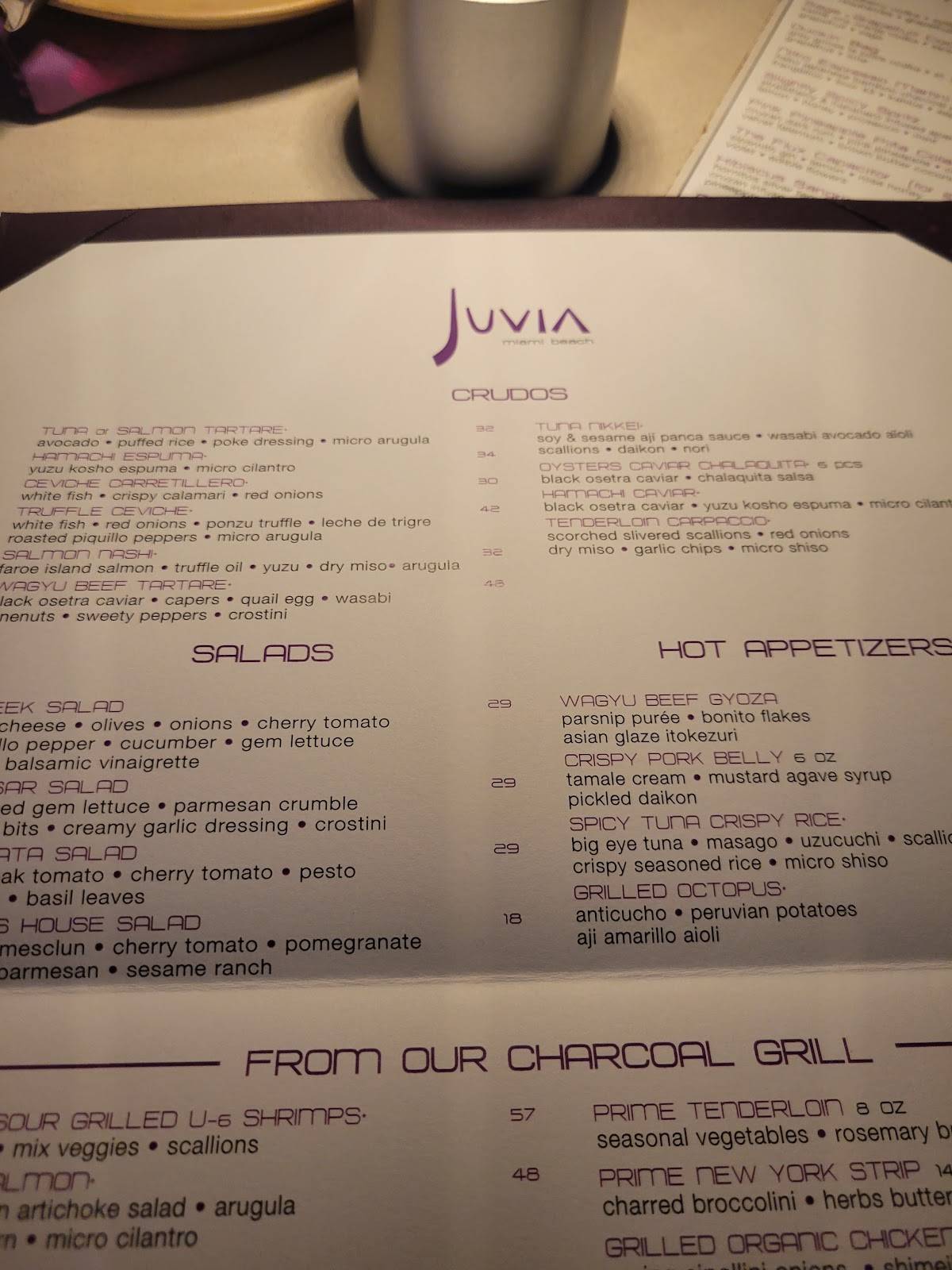 Menu at Juvia restaurant, Miami Beach