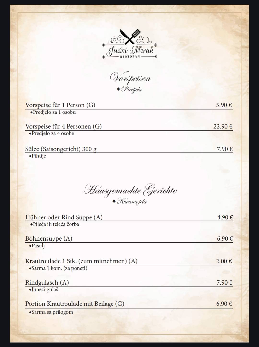 Menu at Južni merak restaurant, Vienna