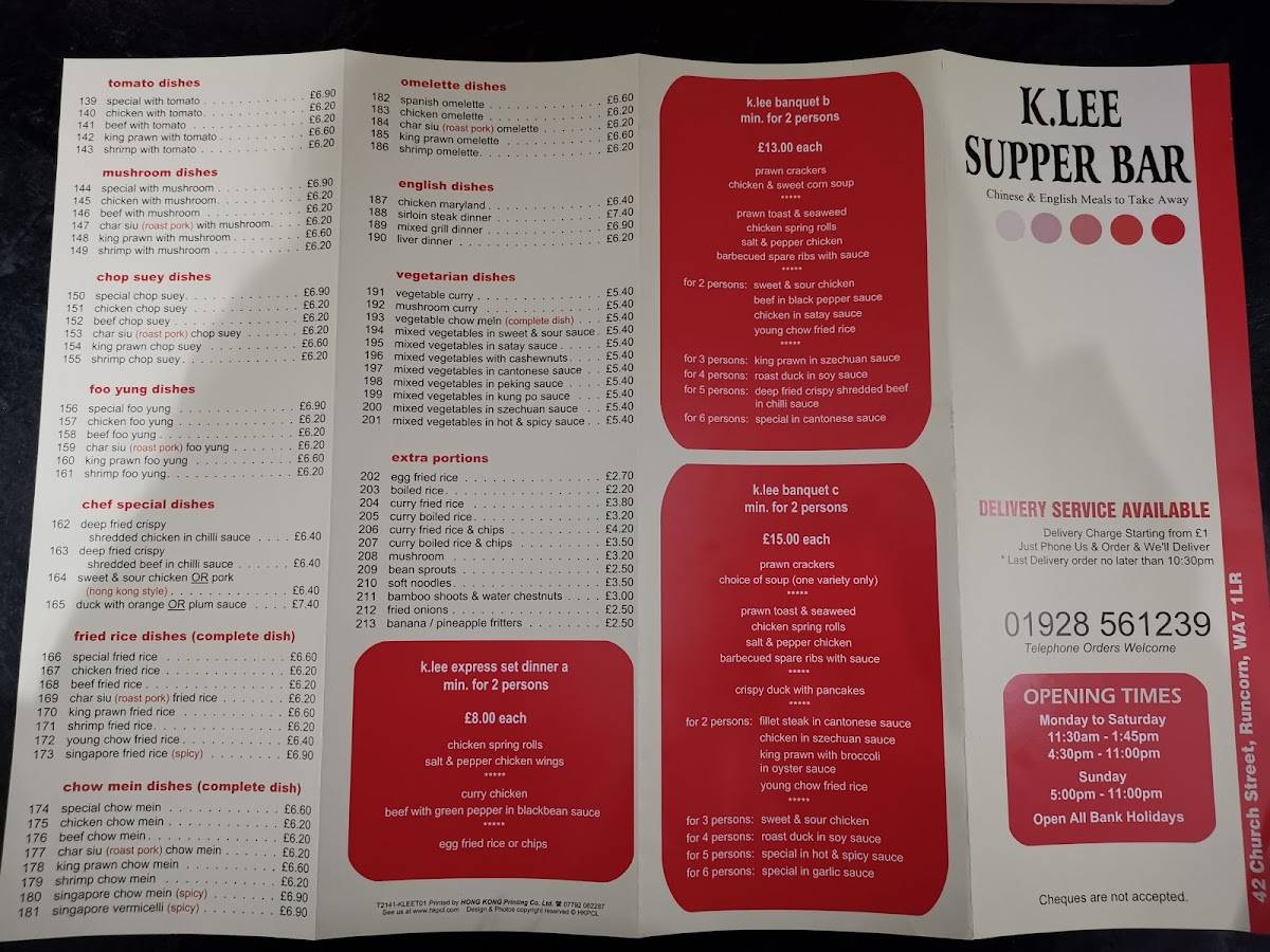 Menu at K.Lee Supper Bar, Runcorn