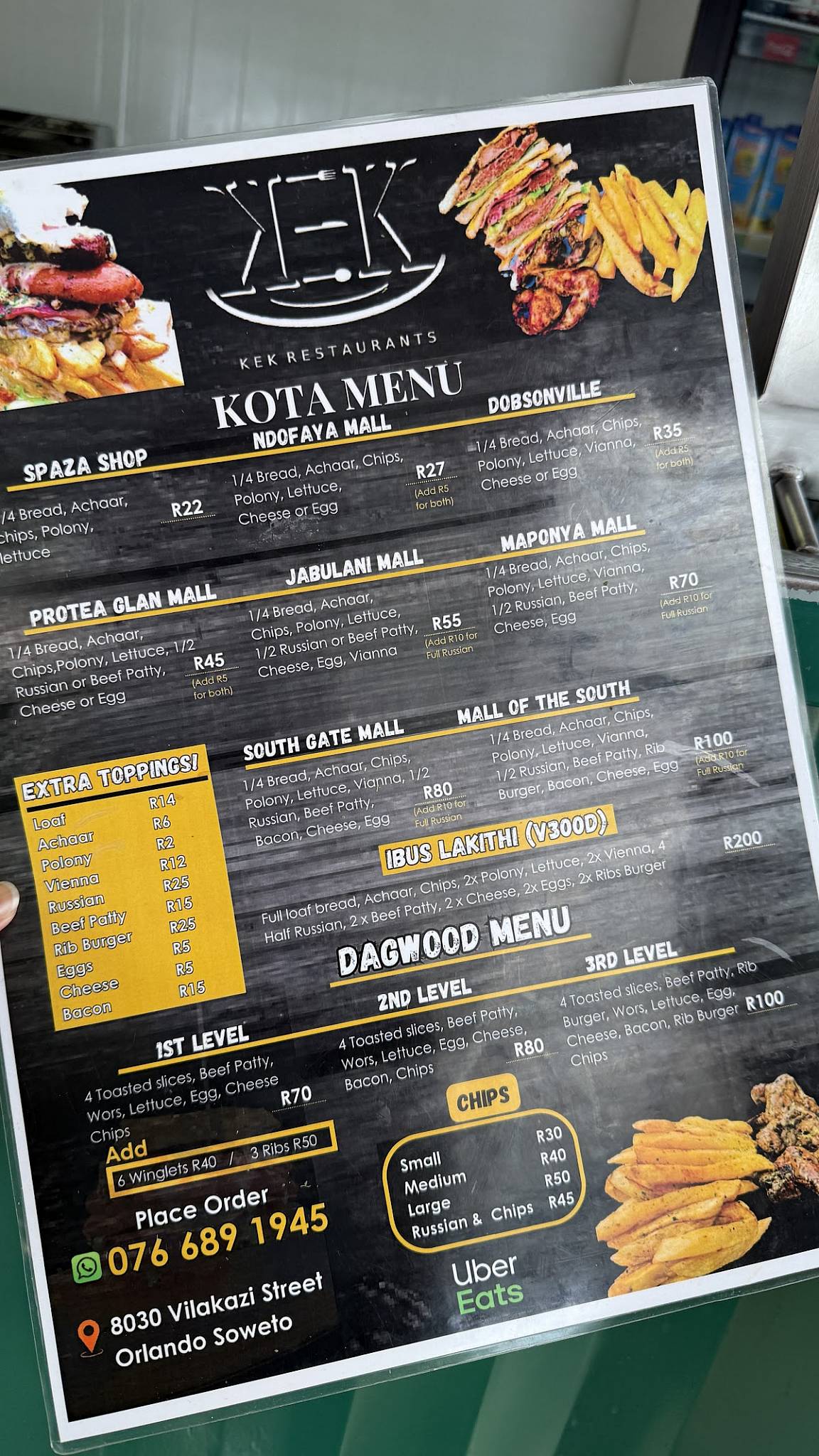 Menu at KEK Restaurants, Johannesburg