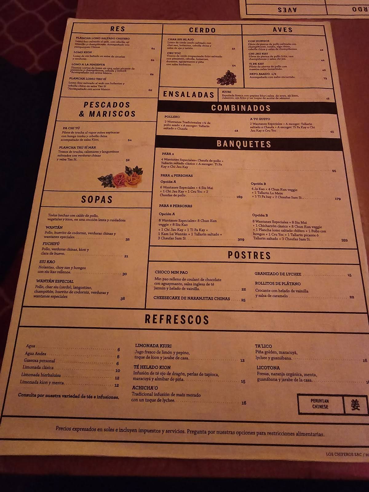 Menu at KION peruvian chinese Balboa restaurant, Miraflores