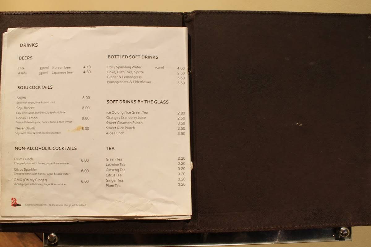 Menu at KOBA restaurant, London