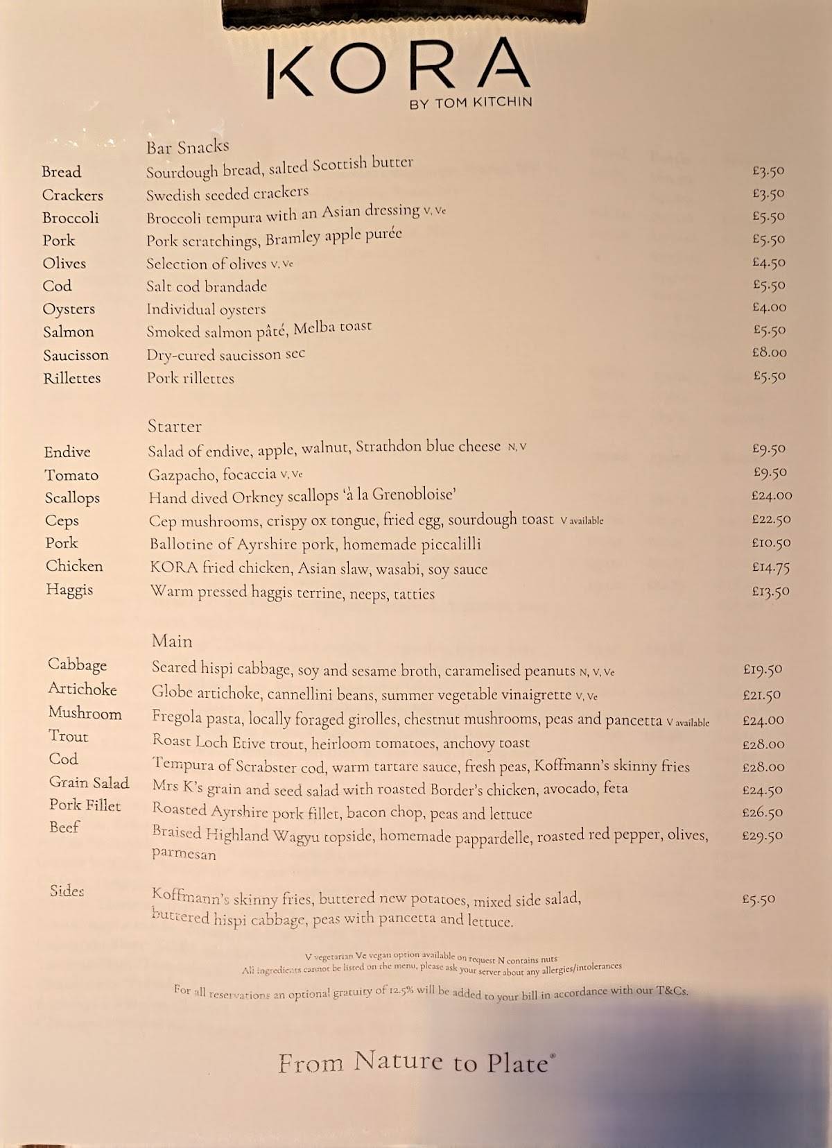 Menu at KORA by Tom Kitchin restaurant, Edinburgh, 14-17 Bruntsfield Pl