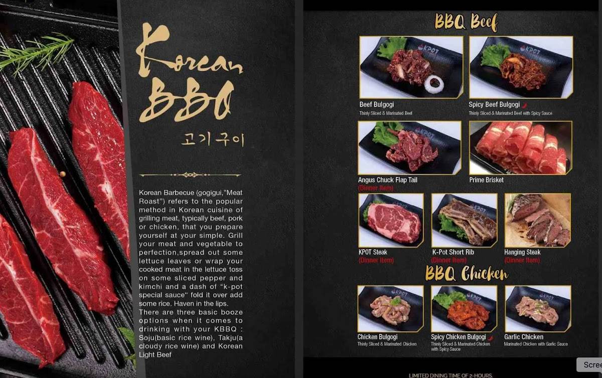 Menu at KPOT Korean BBQ & Hot Pot, Evansville
