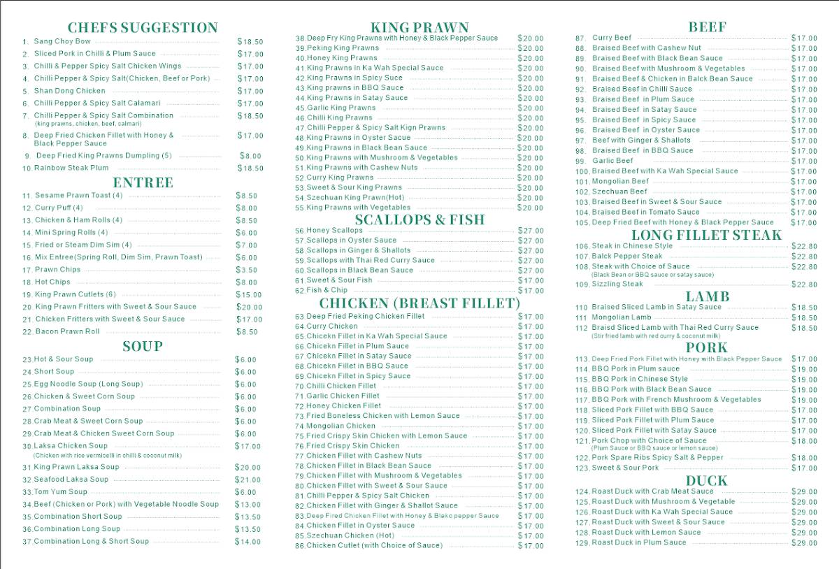 Menu at Ka Wah Chinese Restaurant, Moorebank