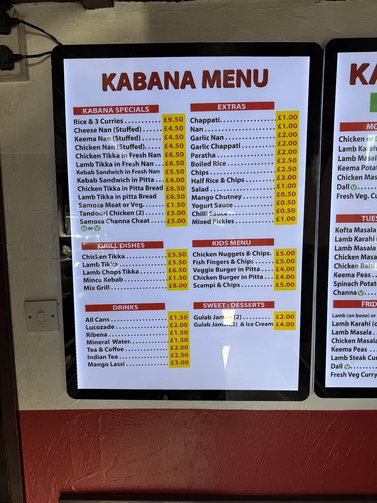 Menu at Kabana restaurant, Manchester, 133 Cheetham Hill Rd