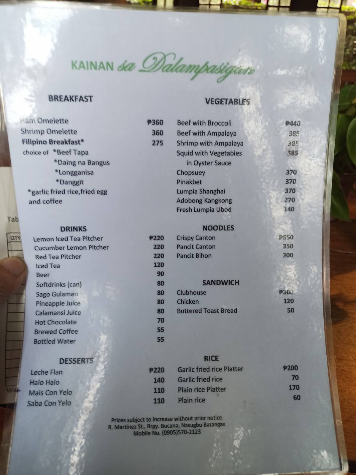 Menu at Kainan sa Dalampasigan restaurant, Nasugbu