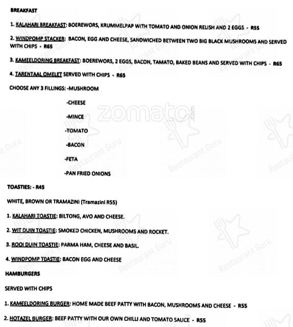 Menu at Kalahari Windpomp Restaurant, Shere