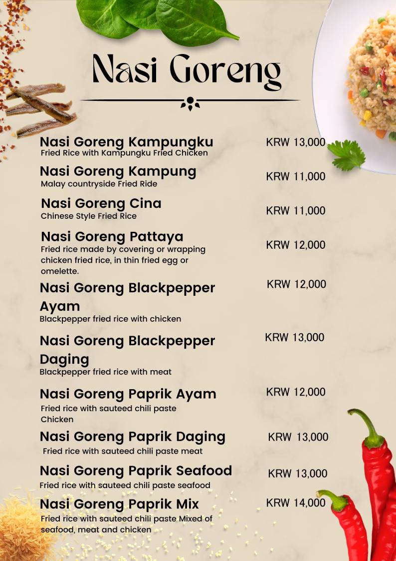 Menu at Kampungku Restaurant, Seoul, 16-4 Namsan-dong 2(i)-ga