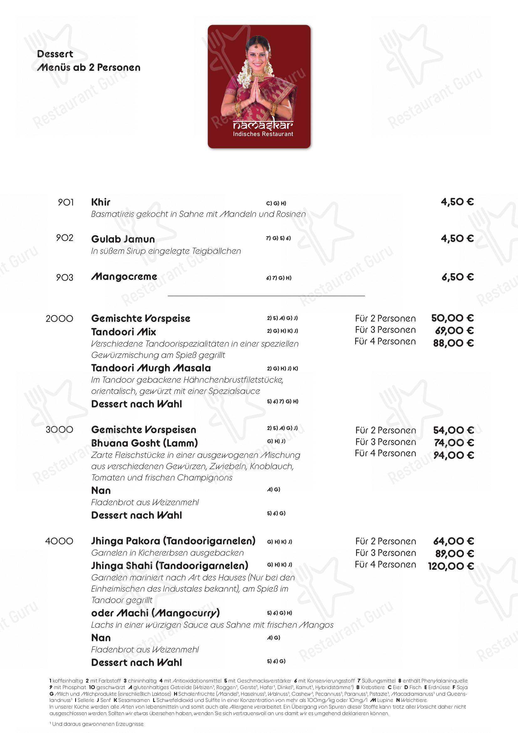 Menu au Namaskar restaurant, Kandel