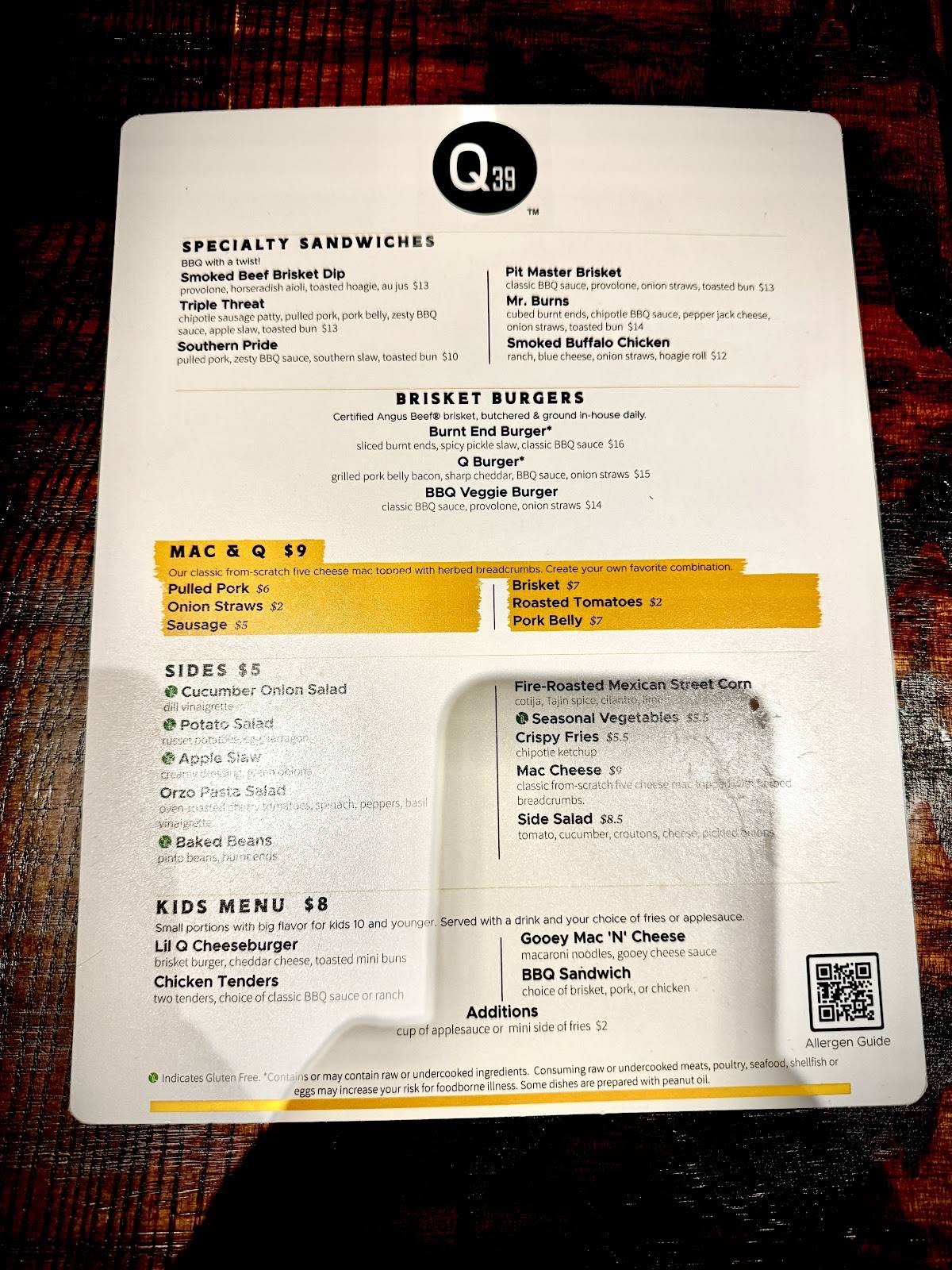 Menu at Q39 - Midtown BBQ, Kansas City